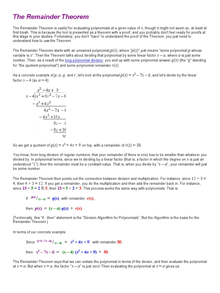The Remainder Theorem | PDF | Polynomial | Fraction (Mathematics)