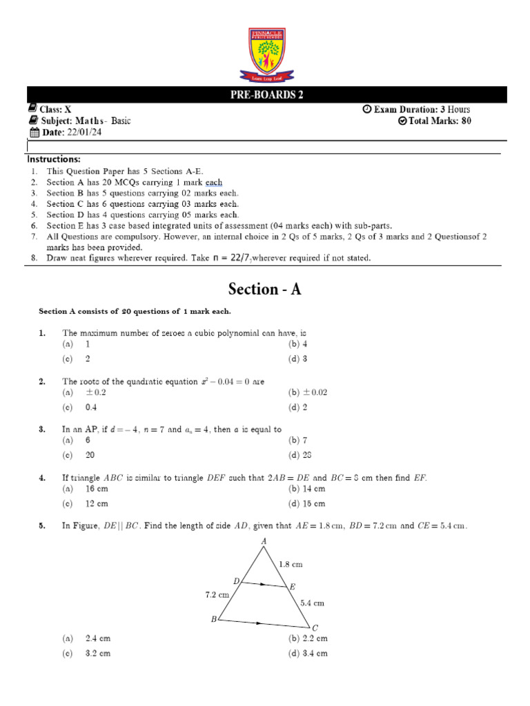 XTH PREBOARDS 2 Maths Basic New | PDF | Euclidean Geometry | Mathematical Analysis