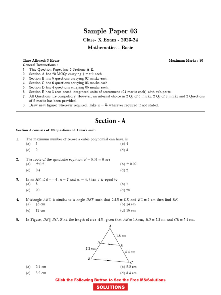 Xth PREBOARDS 2 Maths Basic | PDF