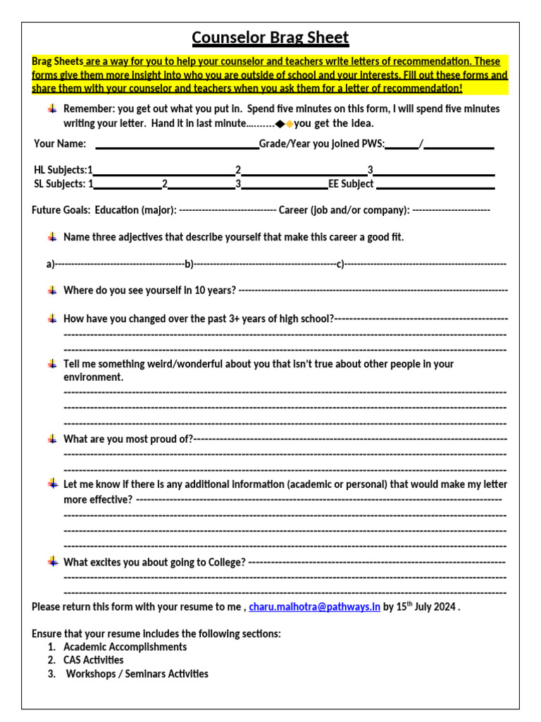 Blank Counselor Brag Sheet Final | PDF