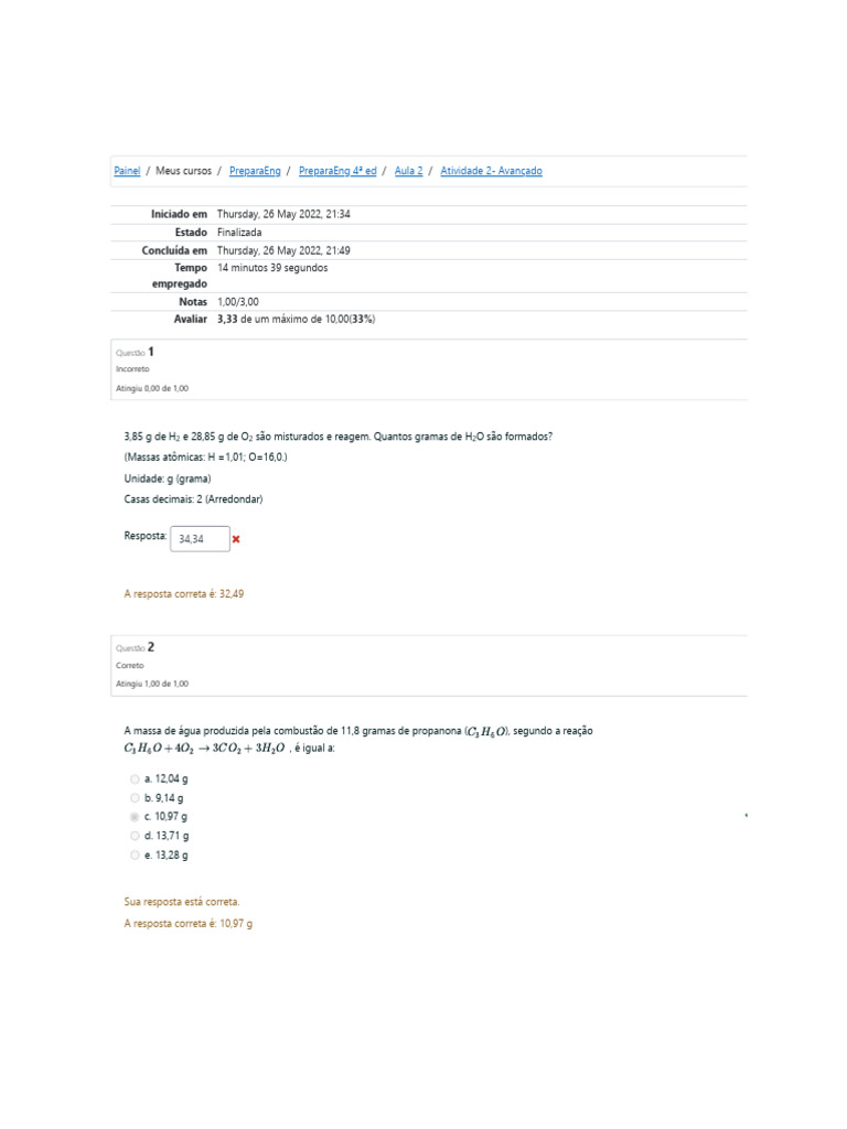 Atividade 2 - Avançado - Revisão Da Tentativa - Balan e Estequio | PDF