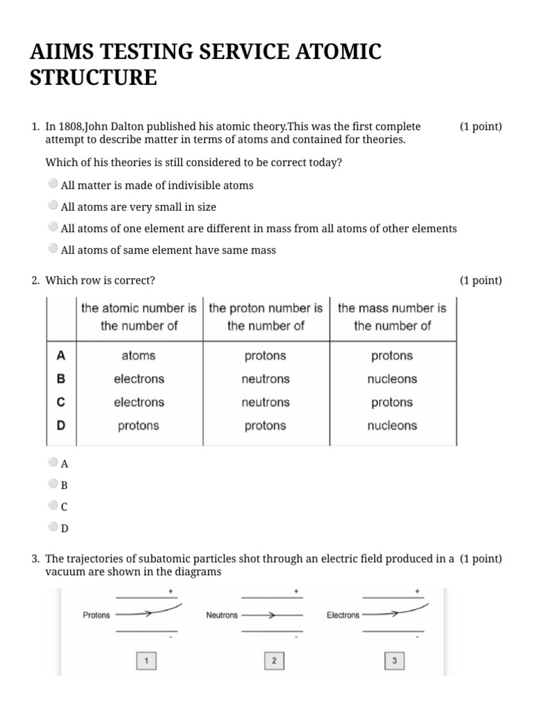 Aiims Testing Service Atomic Structure | PDF | Atoms | Science ...