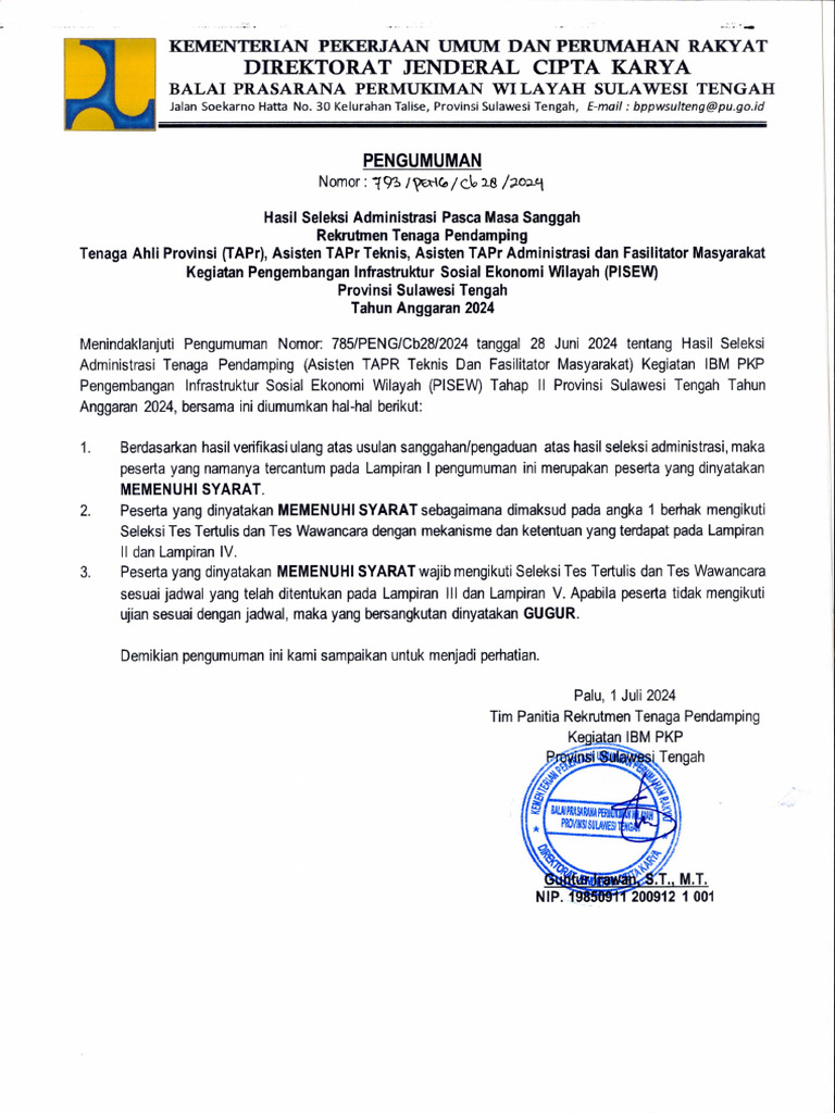 Pengumuman Administrasi Pasca Masa Sanggah Rekrutmen PISEW 2024 Tahap II Signed | PDF