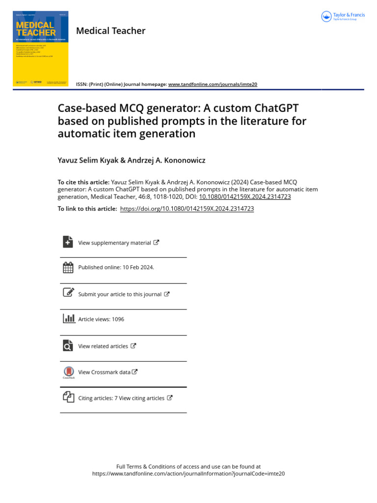 Case-Based MCQ Generator A Custom ChatGPT Based On Published Prompts in The Literature For ...