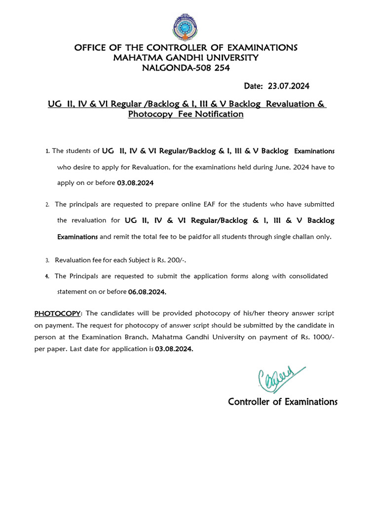 UG II, IV & VI Regular Backlog & I, III & V Backlog Revaluation & Photocopy Fee Notification ...