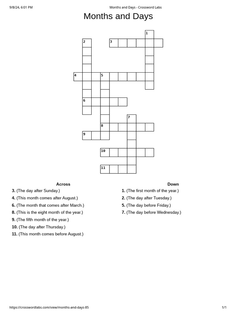 Months and Days - Crossword | PDF