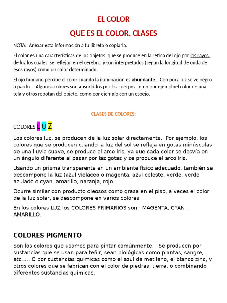 El Color. Clasificacion. de Donde Provienen Los Colores. | PDF | Color ...