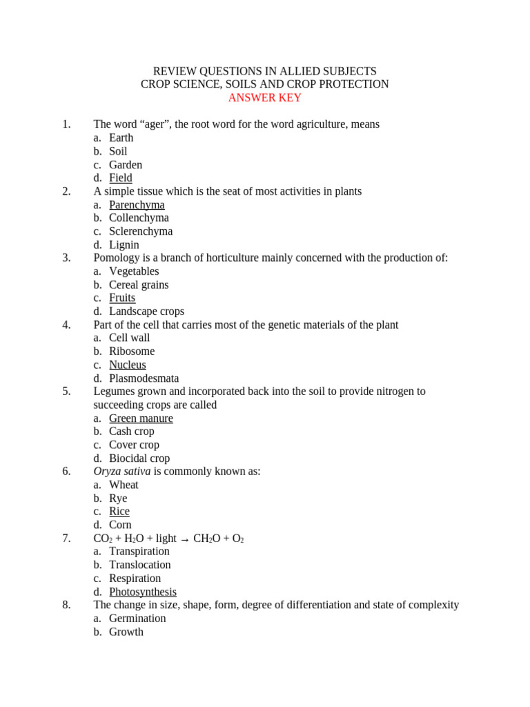 Crop Science Review Questions Answer Key | PDF | Plough | Technology ...