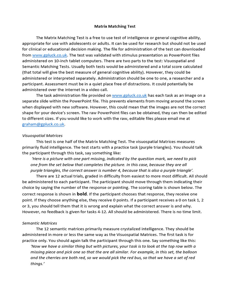 Matrix Matching Test Instructions and Scoring | PDF
