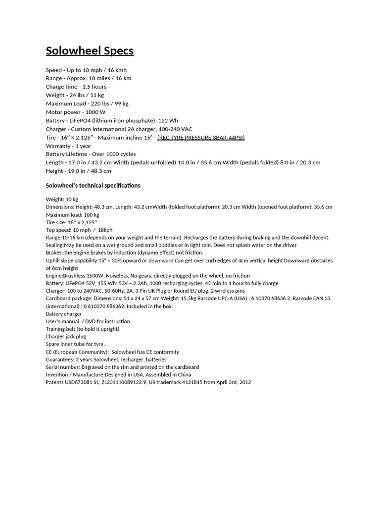 Solowheel Specs | PDF