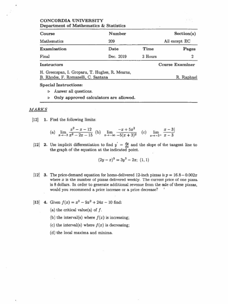 Math 209 Final Exam Dec 2019 | PDF
