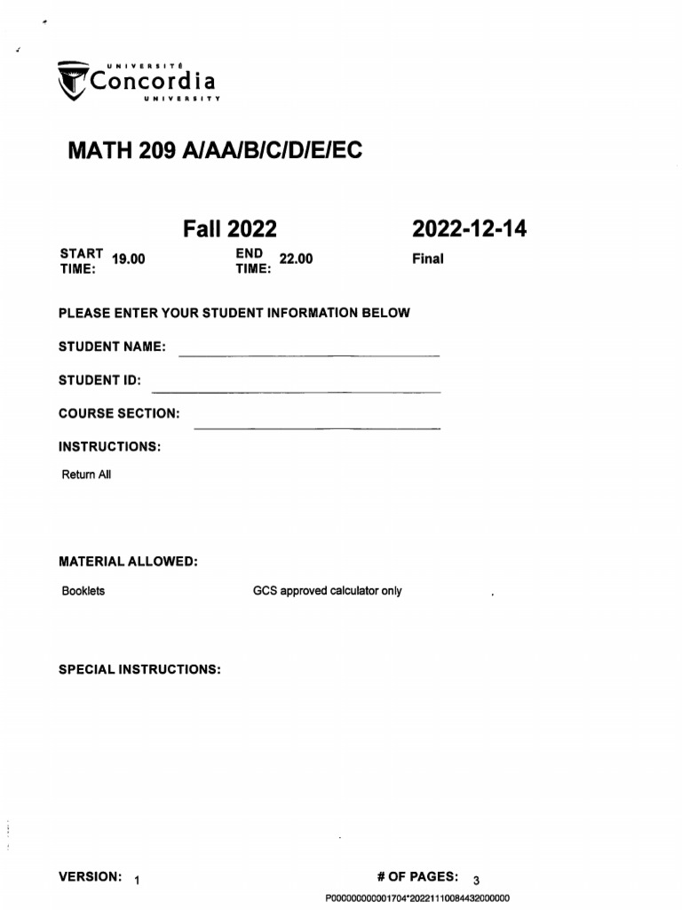 MATH 209 FINAL EXAM DEC 2022 .. with solutions | PDF