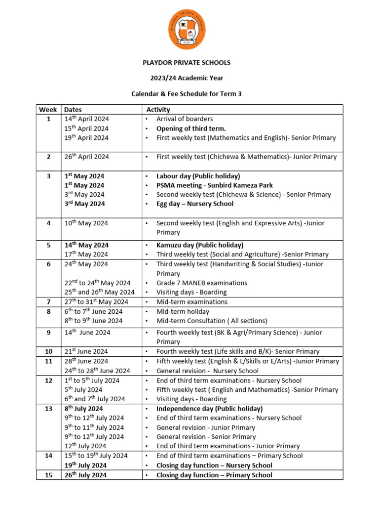 Playdor Calendar & Fee Schedule - Term 3-1 | PDF