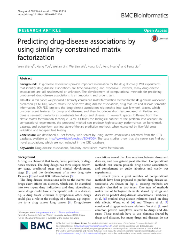 Predicting Drug-Disease Associations by Using Similarity Constrained Matrix Factorization | PDF