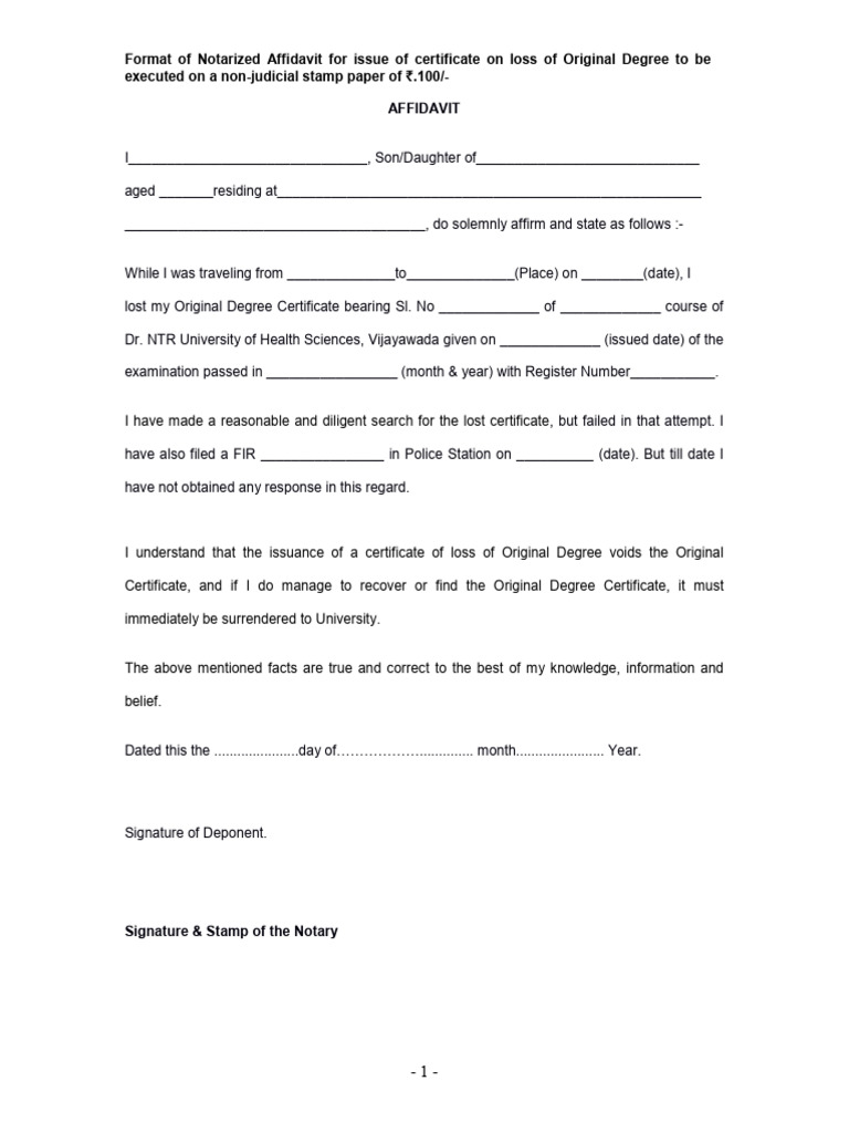 Affidavit Format for Lost Degree Certificate | PDF | Career & Growth | Finance & Money Management