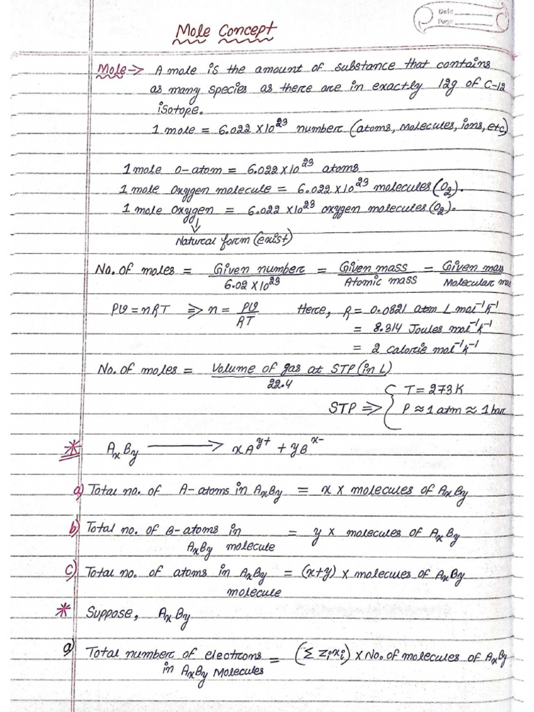 Handwritten (Mine) Short Notes of Mole Concept | PDF