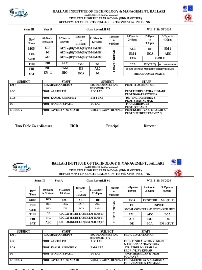 3rd Sem Time Table 2024-25 | PDF