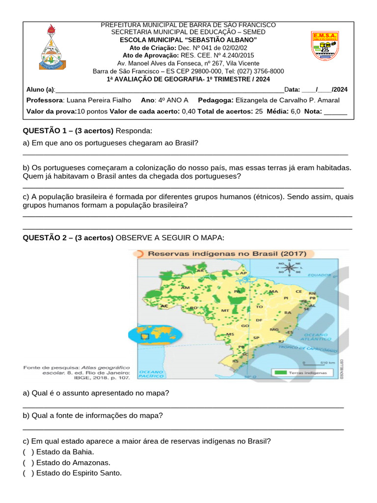Avaliação de Geografia 4º Ano | PDF