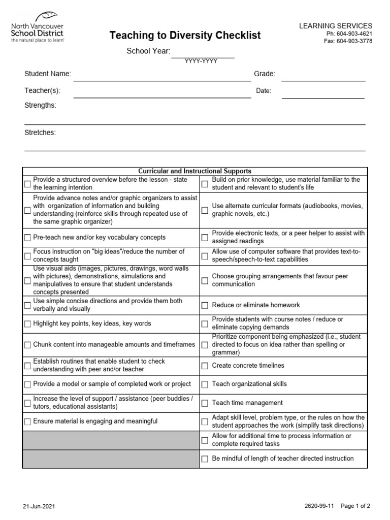 UDL - Teaching To Diversity Checklist | PDF