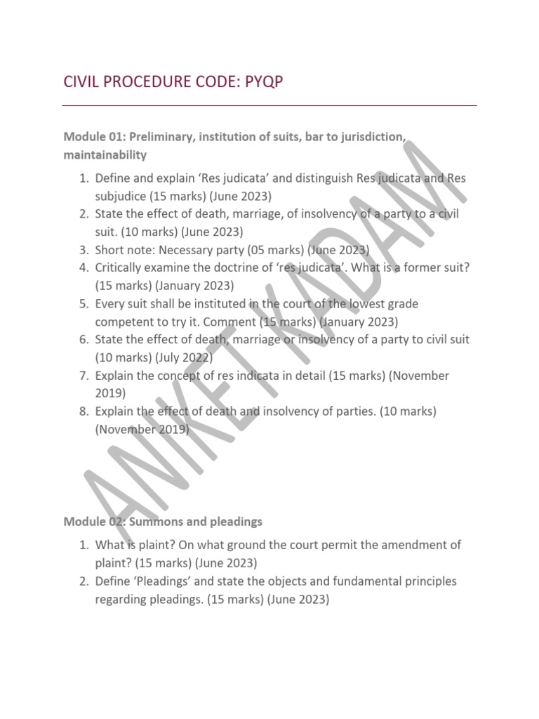 Civil Procedure Code-Pyqp | PDF