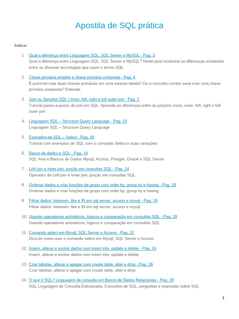 Apostila de SQL - Pratica | PDF