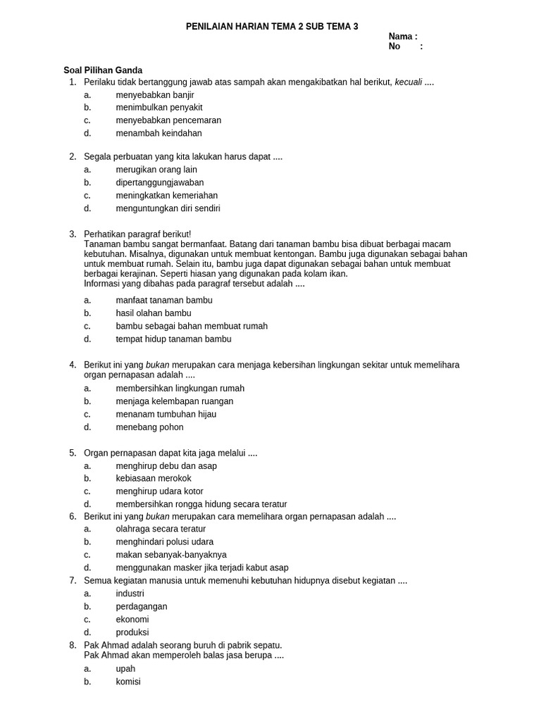 Soal Penilaian Harian Tema 2 Sub Tema 3 | PDF | Art