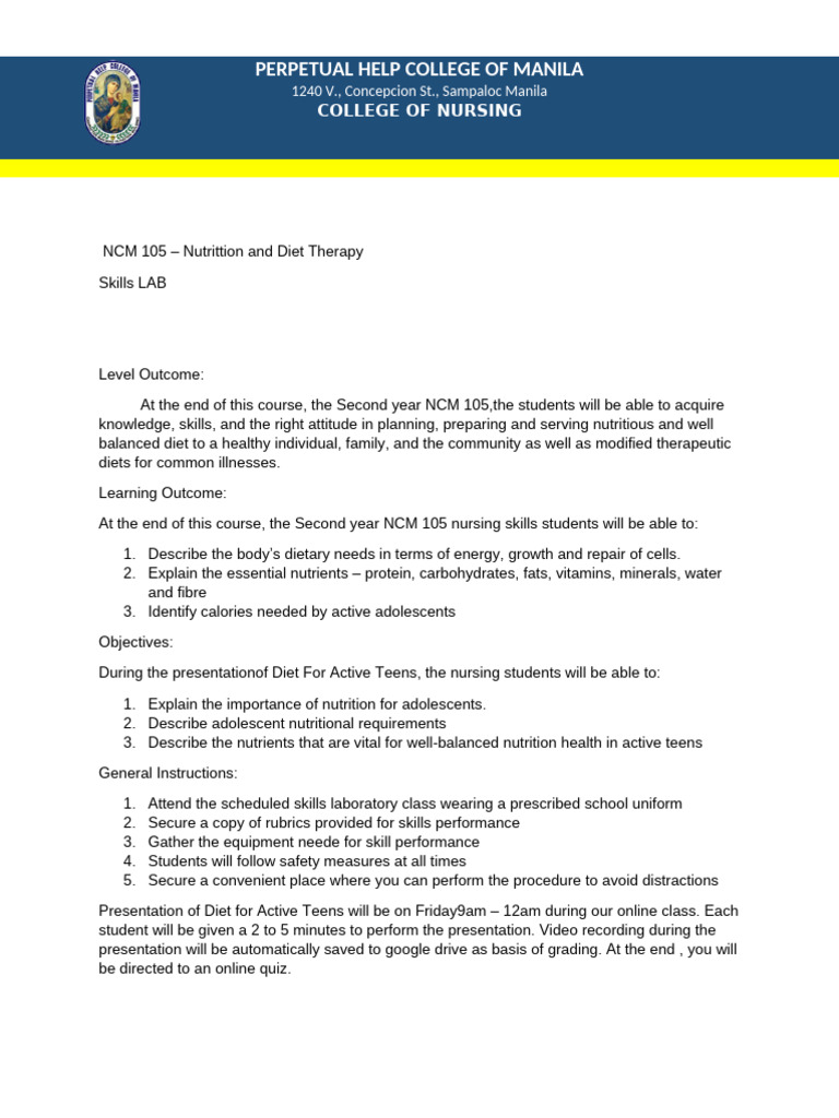 Nutri Lab-Rubric - Diet For Active Teens-Midterm-Wk2 | PDF