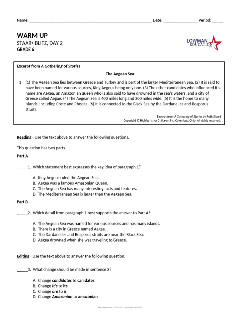 Day 2. Warm Up. STAAR® Blitz. RLA. 6th Grade | PDF