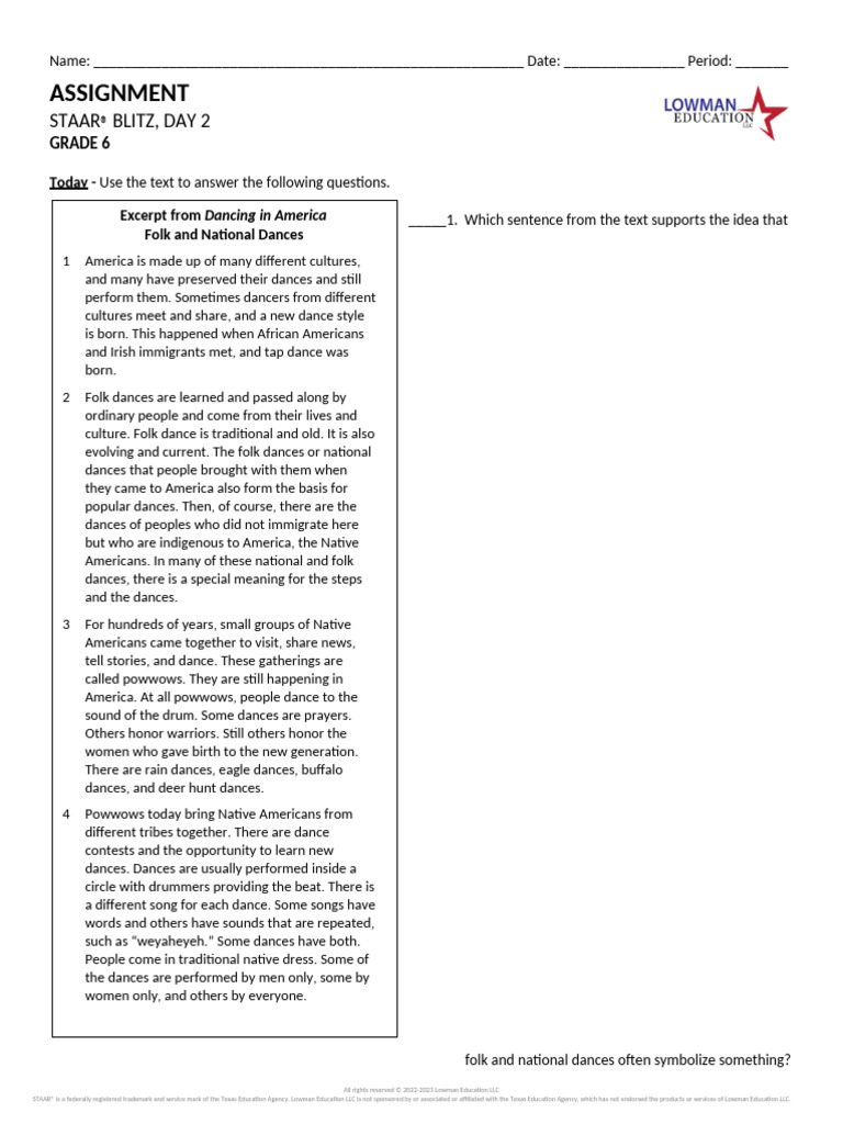 Day 2. Assignment. STAAR® Blitz. RLA. 6th Grade | PDF