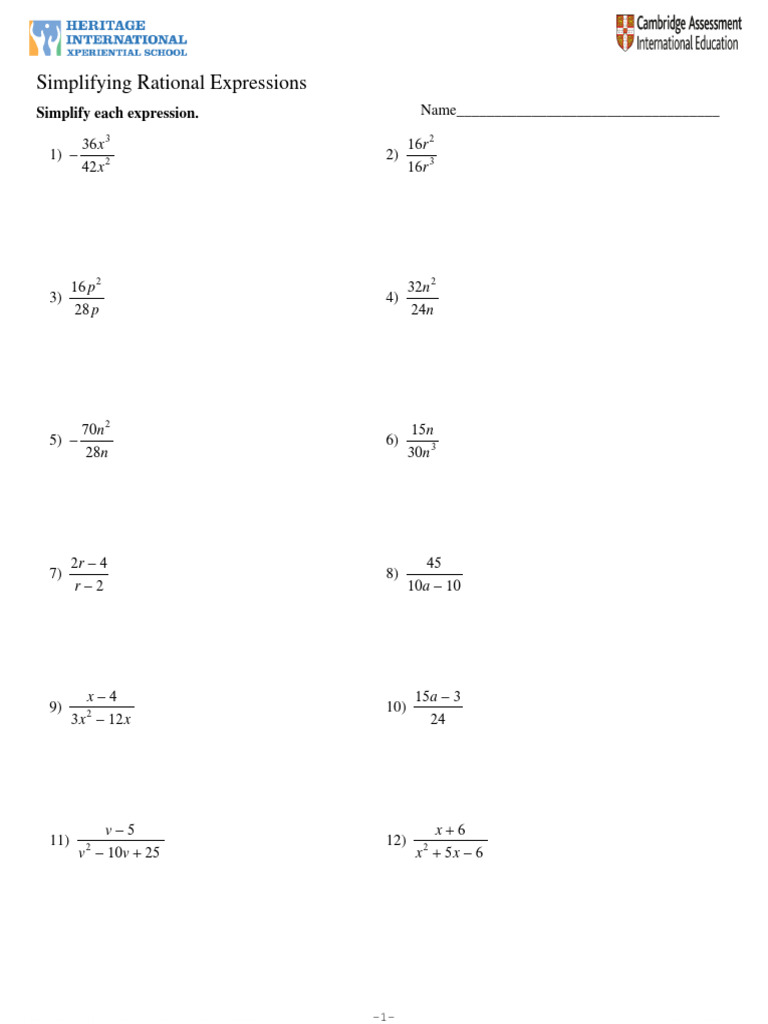 Simplifying Rational Expressions Worksheet | PDF | Teaching Methods & Materials
