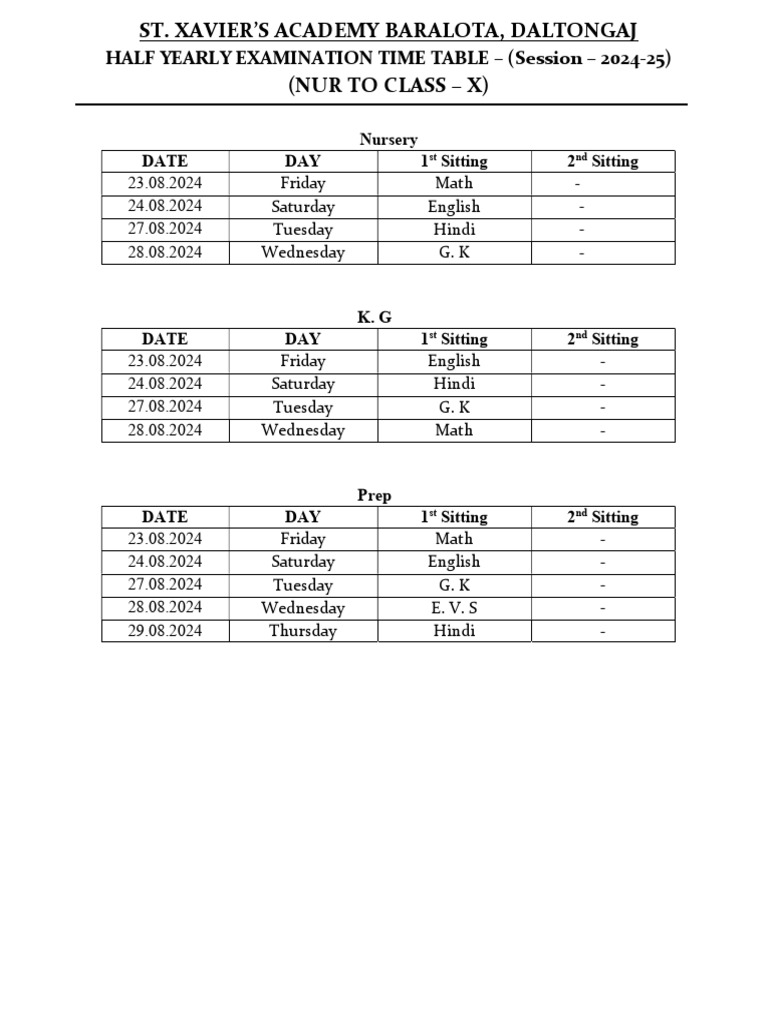 Half Yearly Examination Time Table - 2024 - 2025 | PDF