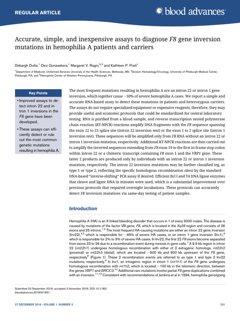 Hemophilia-A - F-8 Gene - Inversion Mutations-2016 | PDF