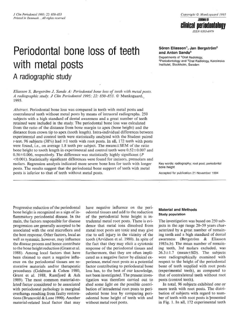 Periodontal Bone Loss of Teeth With Metal Post | PDF