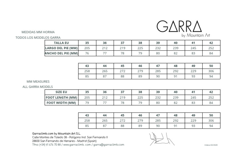 Garra Medidas MM Pies de Gato Sizes MM Climbing Shoes | PDF