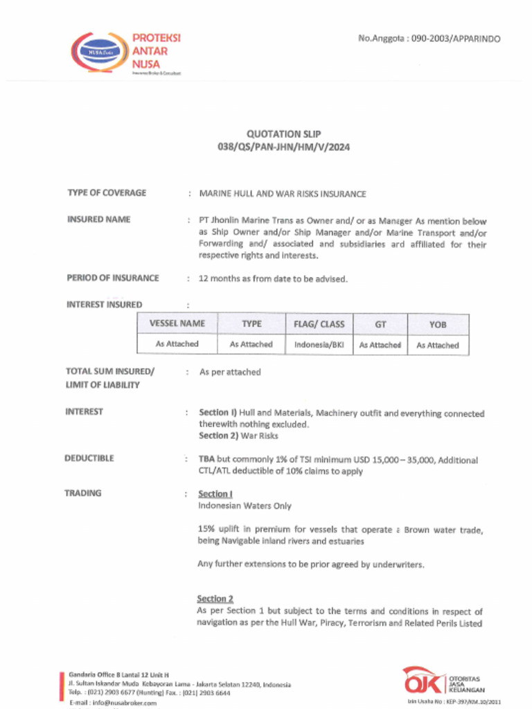 Quotation Slip - 0038.Qs - Pan-Jhn - hm.v.2024 | PDF
