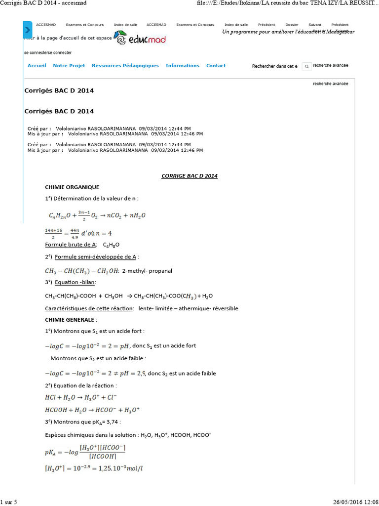 Corrigés BAC D 2014 - Accesmad | PDF