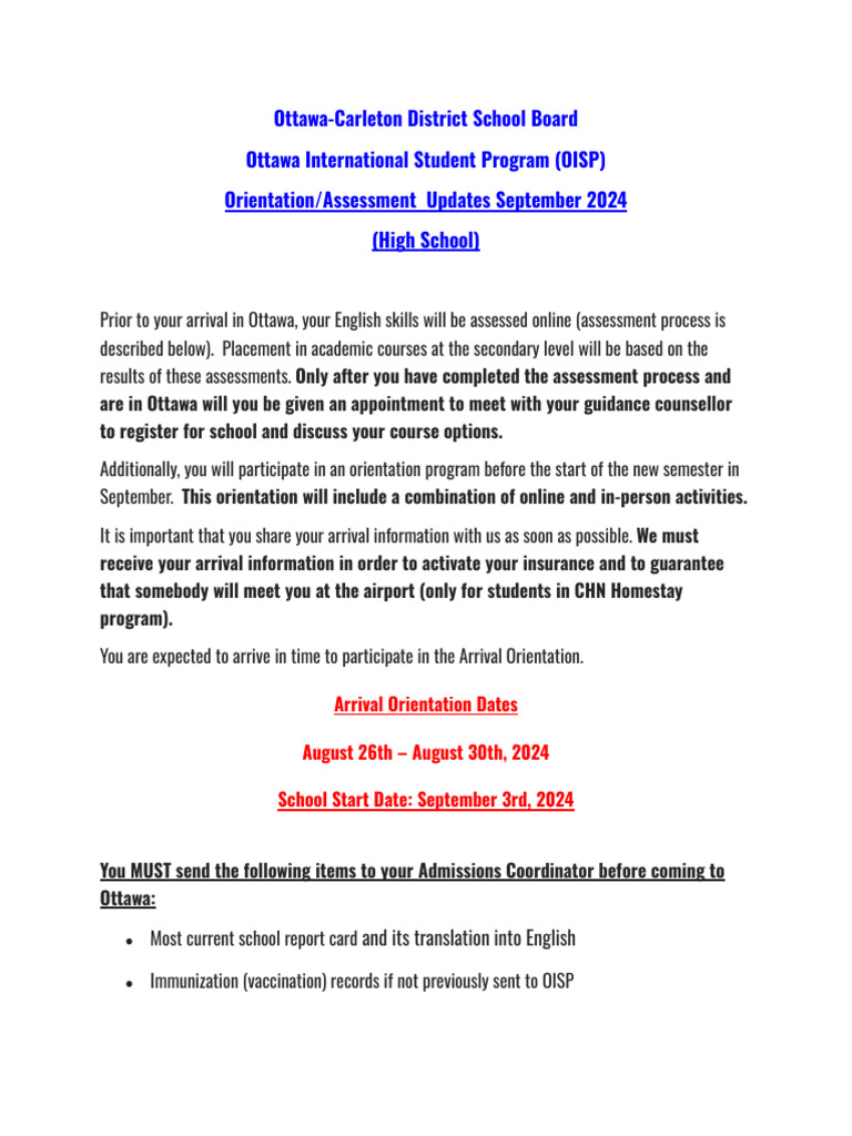 H.S. - Orientation - Assessment Update September 2024 | PDF