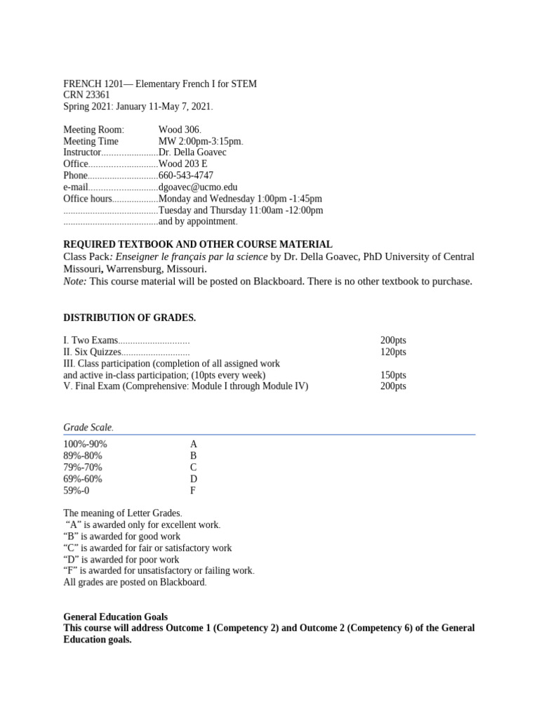 FRENCH 1201 S 21 STEM Course Syllabus 3 | PDF