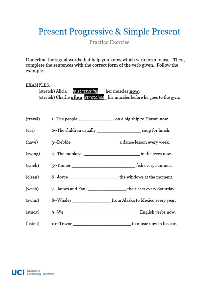 C2M3L3 - Present Progressive & Simple Present Practice Exercise | PDF