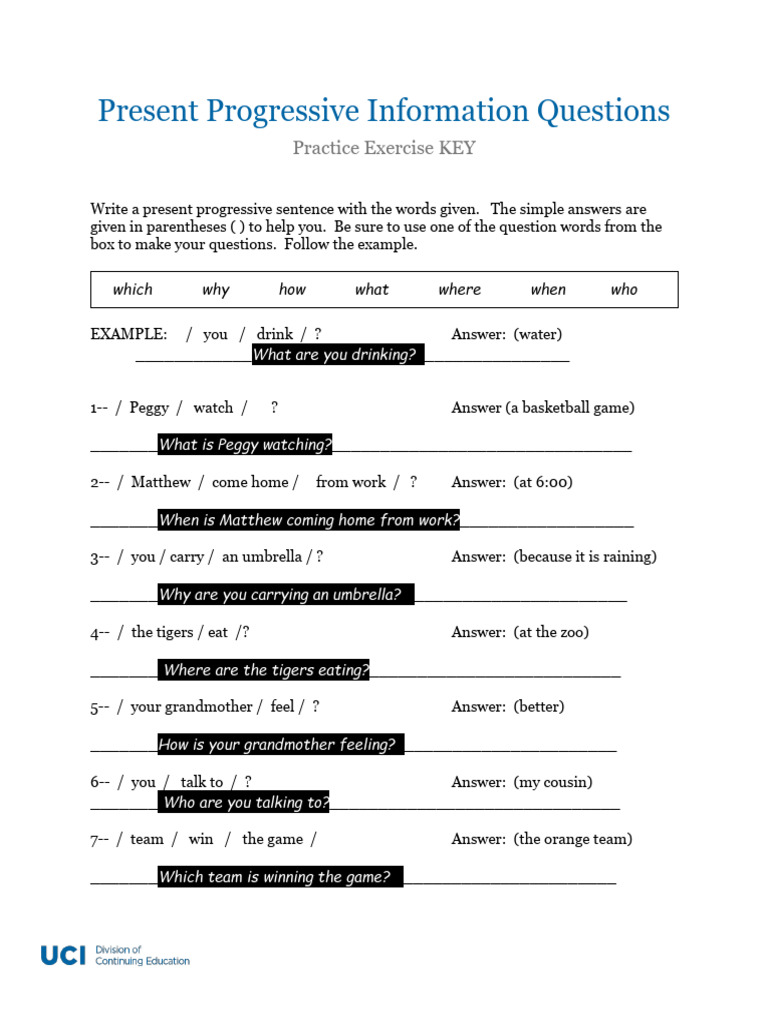 C2M3L2 - KEY - Present Progressive Information Questions Practice Exercise KEY | PDF