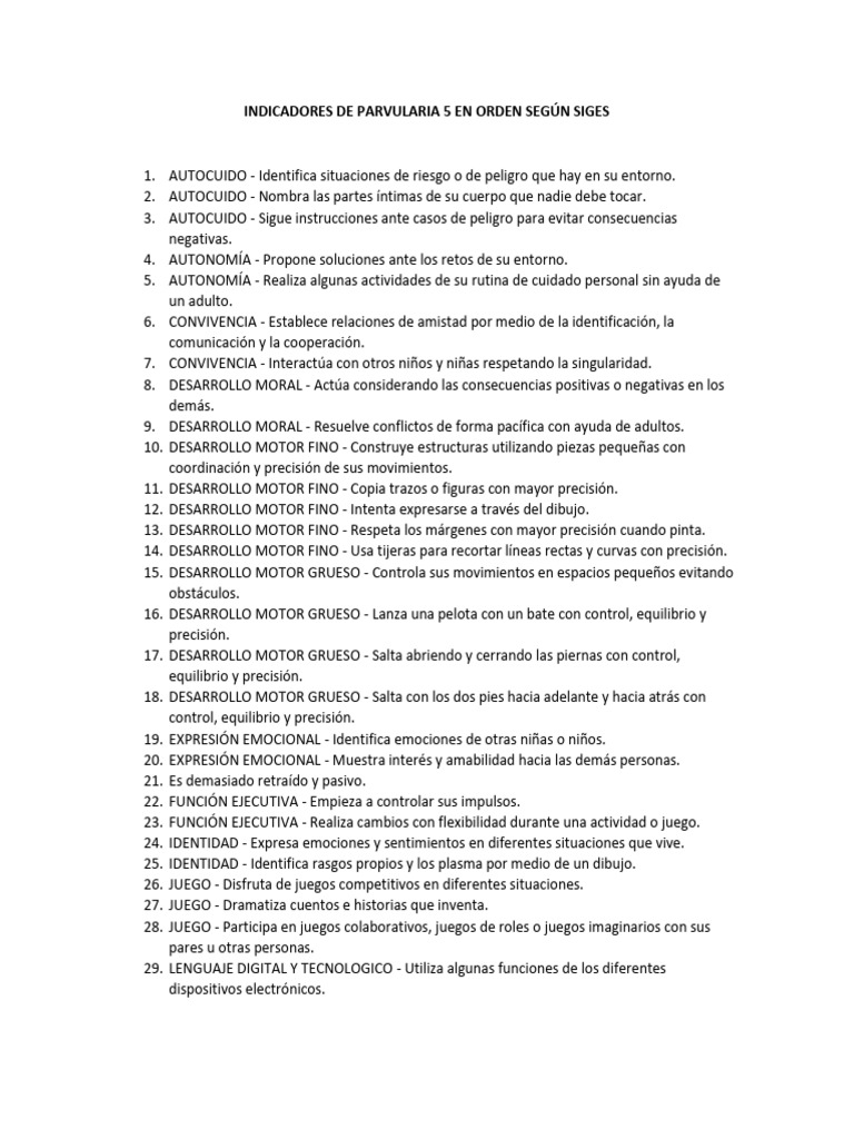 Indicadores de Parvularia 5 en Orden Según SIGES | PDF