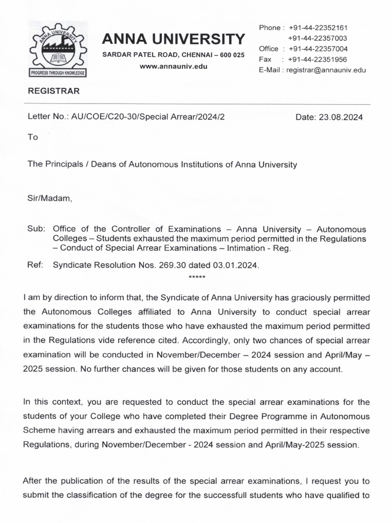 Special Arrear Autonomous College 23.08.2024 | PDF
