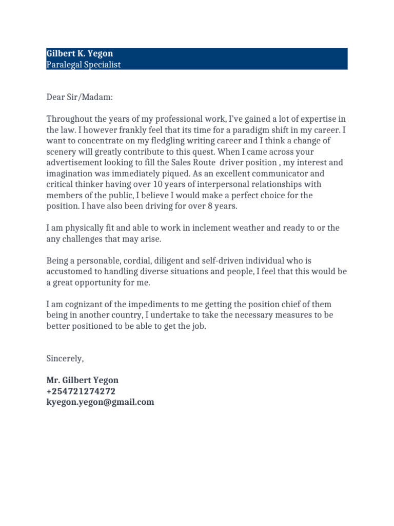 Sales Route Driver Cover Letter | PDF
