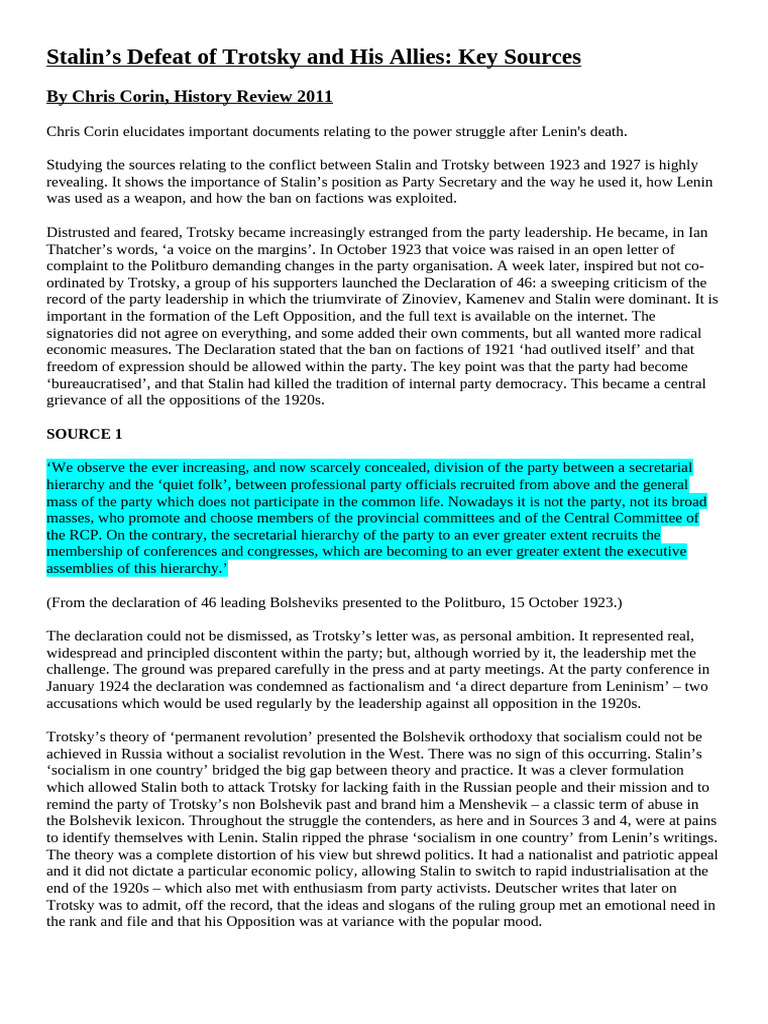 Corin 2011 Stalins Defeat of Trotsky and His Allies - Key Sources | PDF