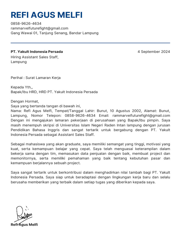 Refi Cover Letter PT. Yakult Indonesia Persada | PDF