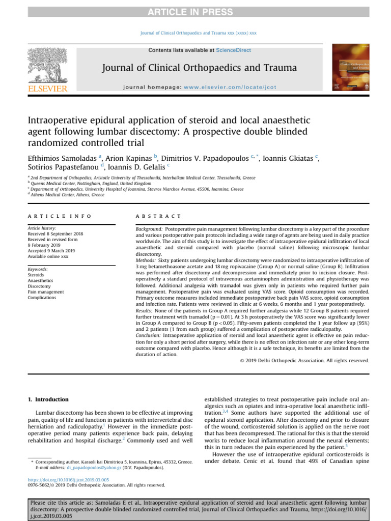 Intraoperative Epidural Application of Steroid and Local Anaesthetic ...