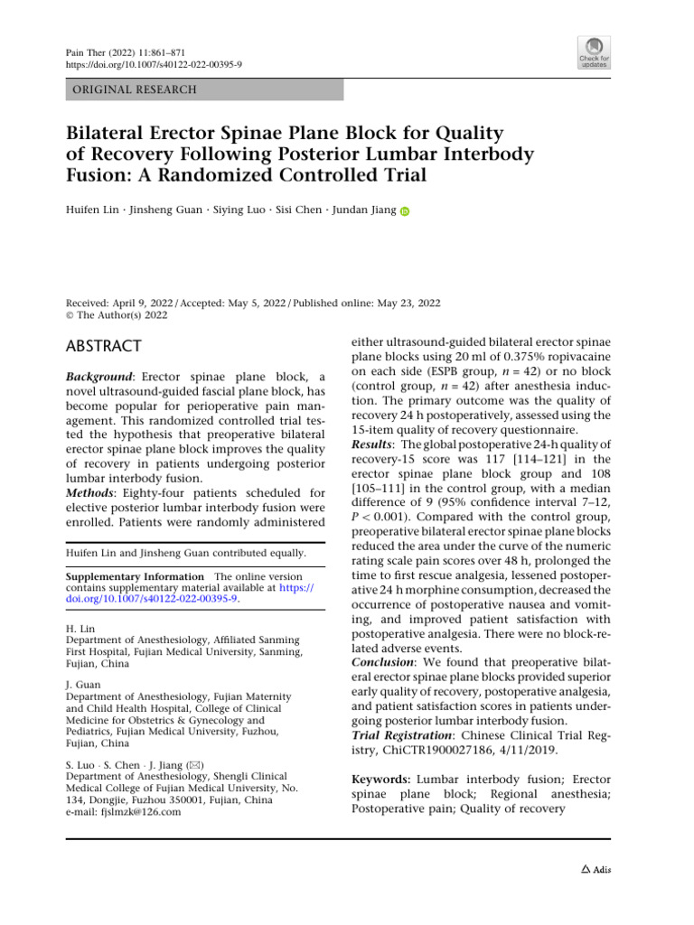 Bilateral Erector Spinae Plane Block | PDF | Anesthesia | Science ...