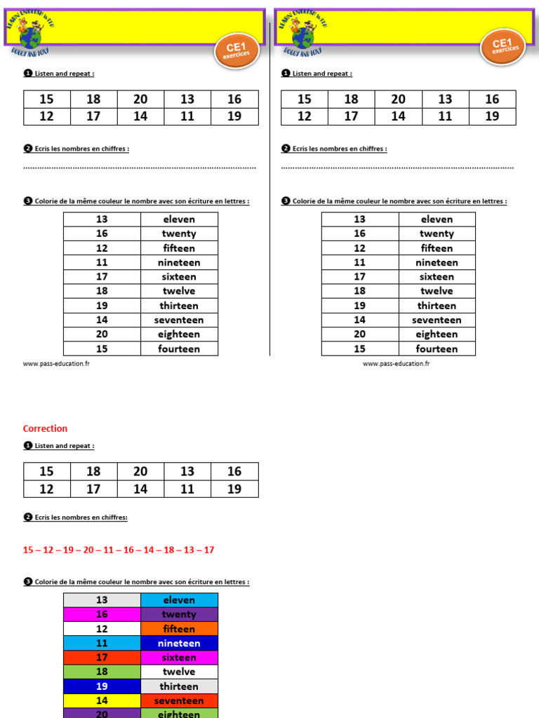 Exercices Numbers Ce1 Anglais | PDF