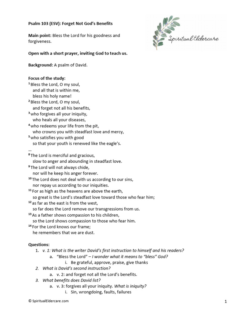 Psalm 103 Forget Not His Benefits | PDF