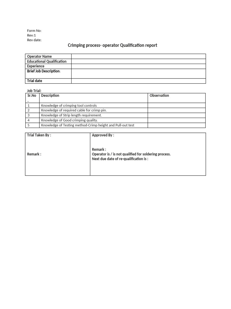 Operator Qualification Form For Crimping | PDF